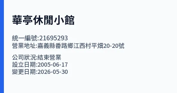 華亭休閒小館的照片-統編 21695293(嘉義縣) 公司登記資料與營業項目詳細圖表