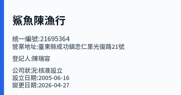 鯊魚陳漁行的照片-統編 21695364(臺東縣) 公司登記資料與營業項目詳細圖表