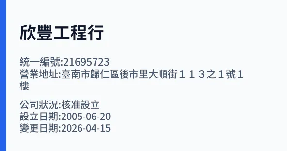 欣豐工程行的照片-統編 21695723(臺南市) 公司登記資料與營業項目詳細圖表