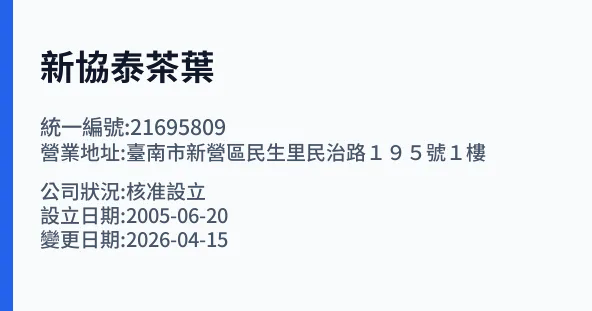 新協泰茶葉的照片-統編 21695809(臺南市) 公司登記資料與營業項目詳細圖表