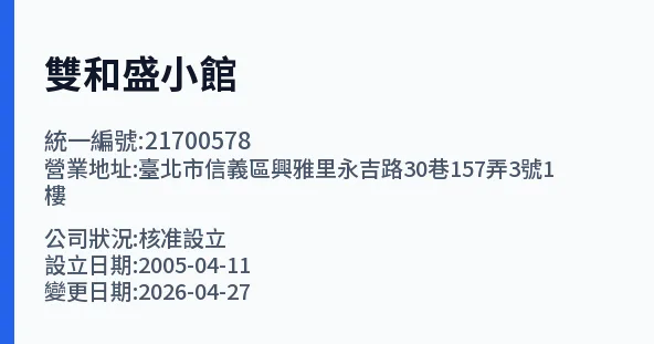 雙和盛小館的照片-統編 21700578(臺北市) 公司登記資料與營業項目詳細圖表
