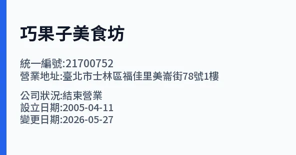 巧果子美食坊的照片-統編 21700752(臺北市) 公司登記資料與營業項目詳細圖表