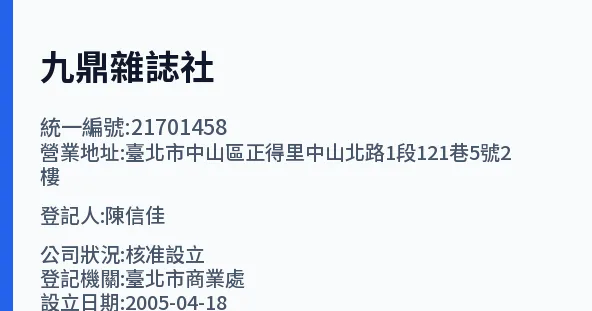 九鼎雜誌社的照片-統編 21701458(臺北市) 公司登記資料與營業項目詳細圖表