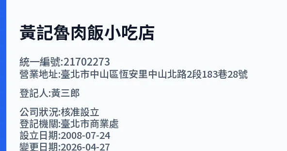 黃記魯肉飯小吃店的照片-統編 21702273(臺北市) 公司登記資料與營業項目詳細圖表