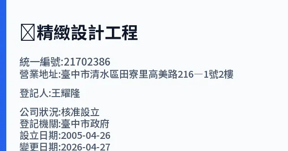 譱精緻設計工程的照片-統編 21702386(臺中市) 公司登記資料與營業項目詳細圖表