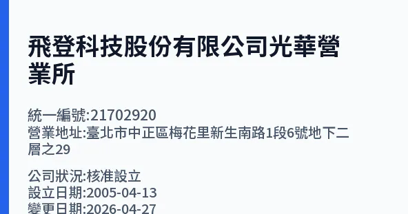 飛登科技股份有限公司光華營業所的照片-統編 21702920(臺北市) 公司登記資料與營業項目詳細圖表
