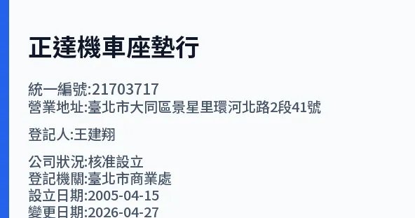 正達機車座墊行的照片-統編 21703717(臺北市) 公司登記資料與營業項目詳細圖表