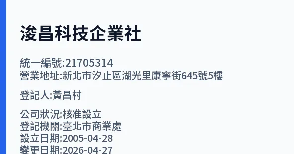 浚昌科技企業社的照片-統編 21705314(新北市) 公司登記資料與營業項目詳細圖表