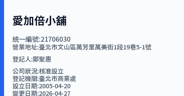愛加倍小舖的照片-統編 21706030(臺北市) 公司登記資料與營業項目詳細圖表