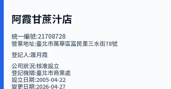 阿霞甘蔗汁店的照片-統編 21708728(臺北市) 公司登記資料與營業項目詳細圖表