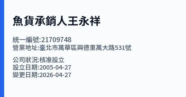 魚貨承銷人王永祥的照片-統編 21709748(臺北市) 公司登記資料與營業項目詳細圖表