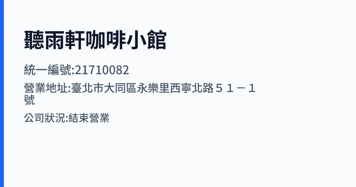 聽雨軒咖啡小館 - 統編 21710082(臺北市) 公司登記資料與營業項目詳細圖表