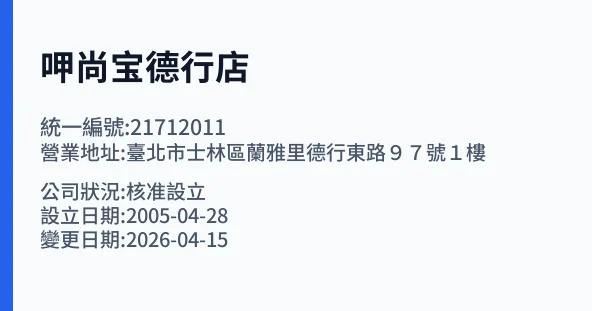呷尚宝德行店的照片-統編 21712011(臺北市) 公司登記資料與營業項目詳細圖表