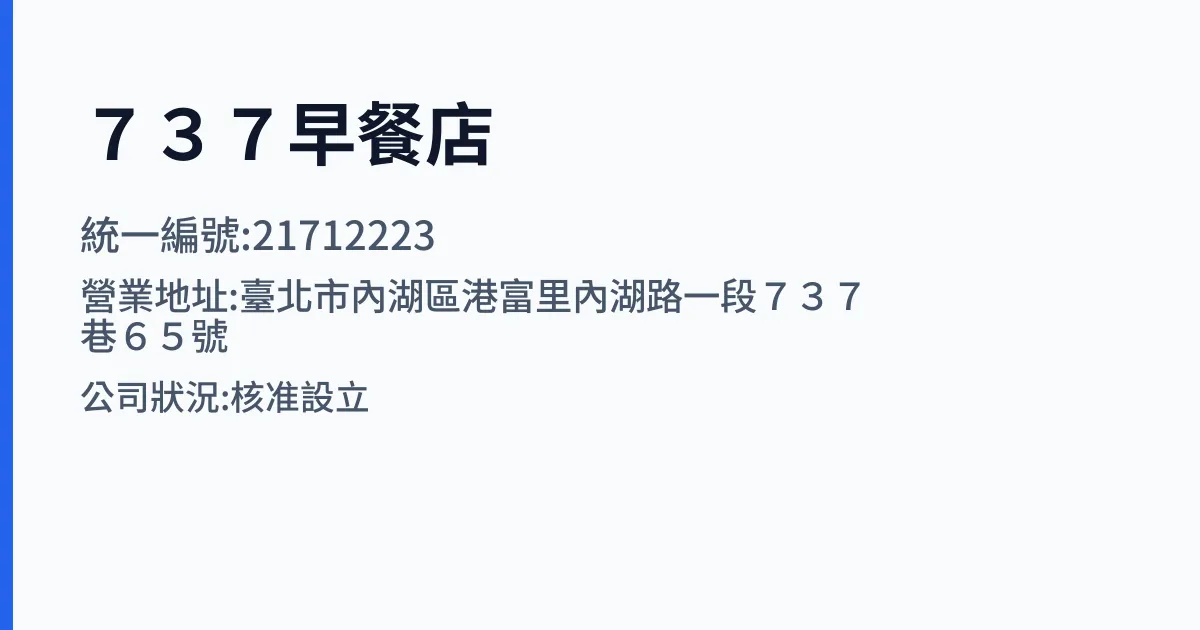737早餐店 - 統編 21712223(臺北市) 公司登記資料與營業項目詳細圖表