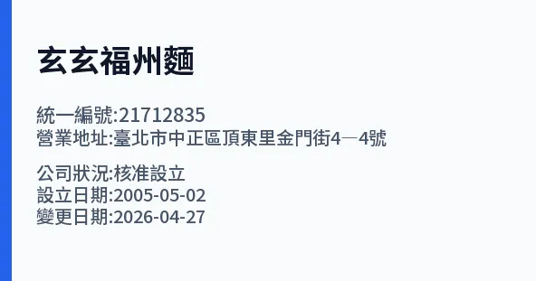 玄玄福州麵的照片-統編 21712835(臺北市) 公司登記資料與營業項目詳細圖表