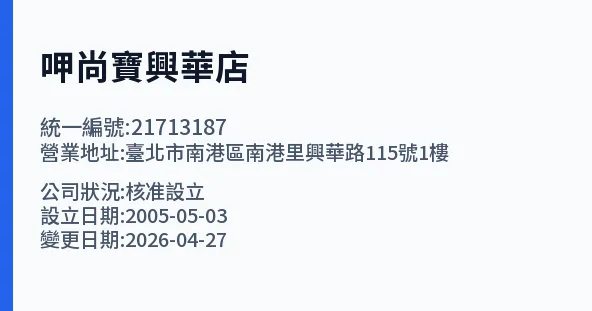 呷尚寶興華店的照片-統編 21713187(臺北市) 公司登記資料與營業項目詳細圖表