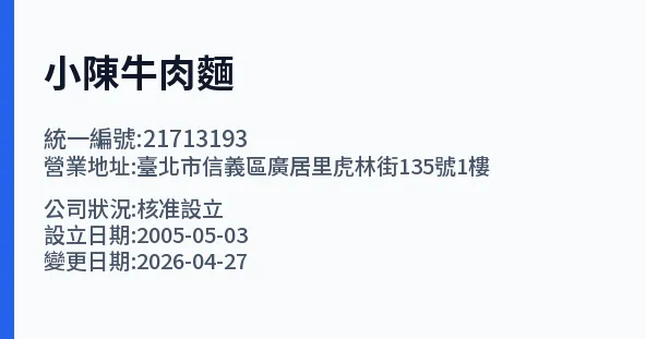 小陳牛肉麵的照片-統編 21713193(臺北市) 公司登記資料與營業項目詳細圖表