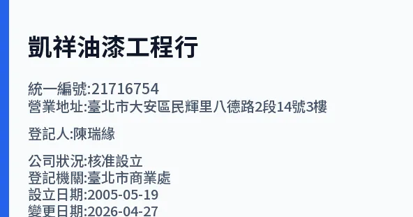 凱祥油漆工程行的照片-統編 21716754(臺北市) 公司登記資料與營業項目詳細圖表