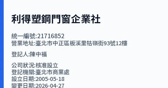 利得塑鋼門窗企業社的照片-統編 21716852(臺北市) 公司登記資料與營業項目詳細圖表