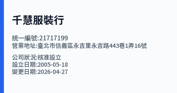 千慧服裝行的照片-統編 21717199(臺北市) 公司登記資料與營業項目詳細圖表
