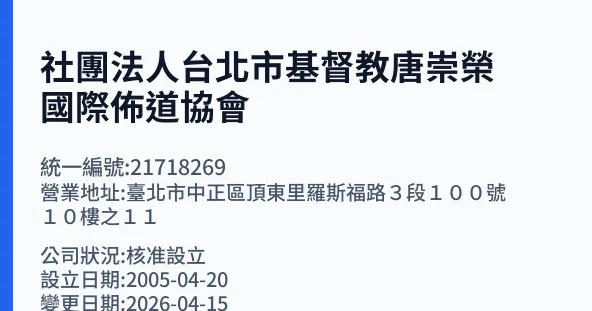 社團法人台北市基督教唐崇榮國際佈道協會的照片-統編 21718269(臺北市) 公司登記資料與營業項目詳細圖表