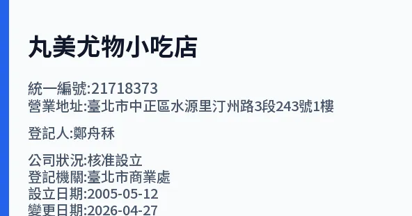 丸美尤物小吃店的照片-統編 21718373(臺北市) 公司登記資料與營業項目詳細圖表