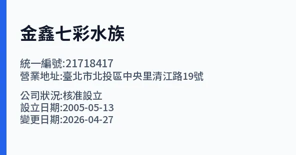 金鑫七彩水族的照片-統編 21718417(臺北市) 公司登記資料與營業項目詳細圖表