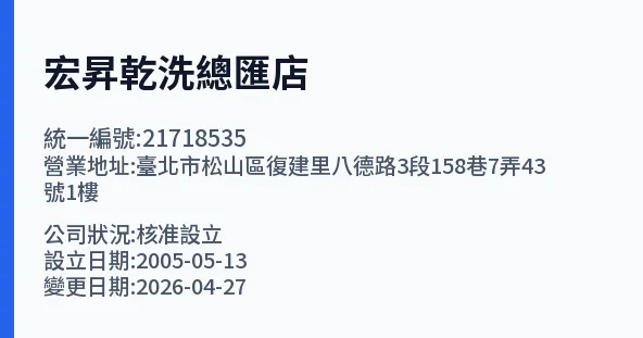 宏昇乾洗總匯店的照片-統編 21718535(臺北市) 公司登記資料與營業項目詳細圖表