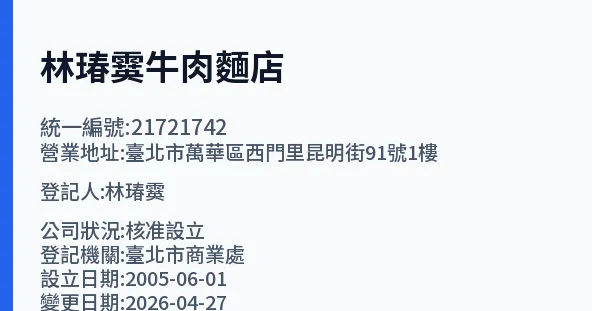 林瑃霙牛肉麵店的照片-統編 21721742(臺北市) 公司登記資料與營業項目詳細圖表