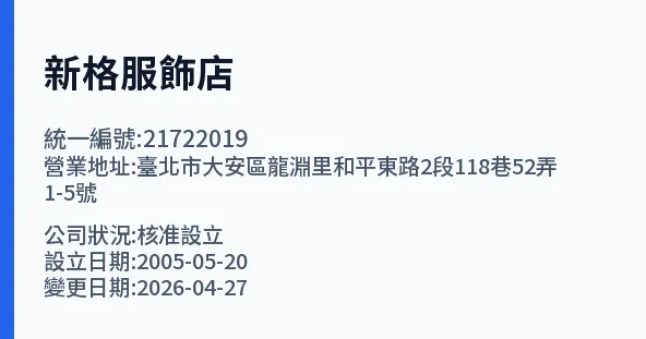新格服飾店的照片-統編 21722019(臺北市) 公司登記資料與營業項目詳細圖表