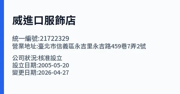 威進口服飾店的照片-統編 21722329(臺北市) 公司登記資料與營業項目詳細圖表