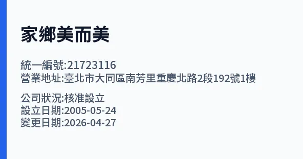 家鄉美而美的照片-統編 21723116(臺北市) 公司登記資料與營業項目詳細圖表
