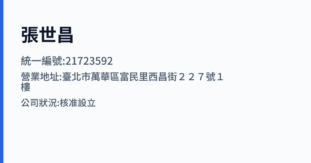張世昌 - 統編 21723592(臺北市) 公司登記資料與營業項目詳細圖表