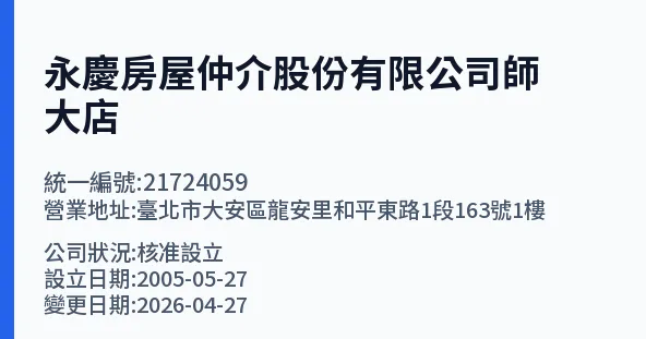 永慶房屋仲介股份有限公司師大店的照片-統編 21724059(臺北市) 公司登記資料與營業項目詳細圖表