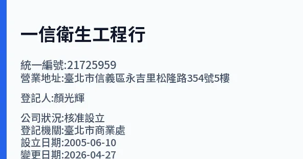一信衛生工程行的照片-統編 21725959(臺北市) 公司登記資料與營業項目詳細圖表