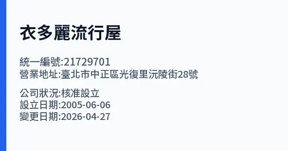 衣多麗流行屋的照片-統編 21729701(臺北市) 公司登記資料與營業項目詳細圖表