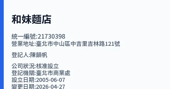 和妹麵店的照片-統編 21730398(臺北市) 公司登記資料與營業項目詳細圖表