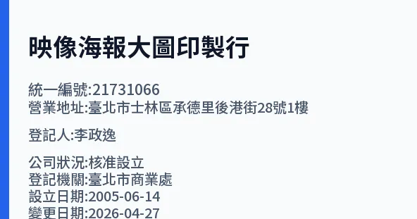 映像海報大圖印製行的照片-統編 21731066(臺北市) 公司登記資料與營業項目詳細圖表