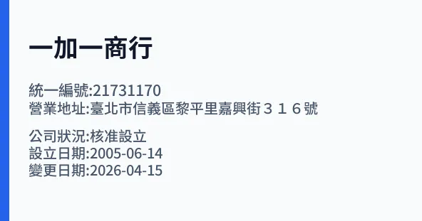 一加一商行的照片-統編 21731170(臺北市) 公司登記資料與營業項目詳細圖表
