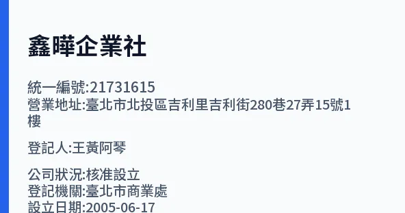 鑫曄企業社的照片-統編 21731615(臺北市) 公司登記資料與營業項目詳細圖表