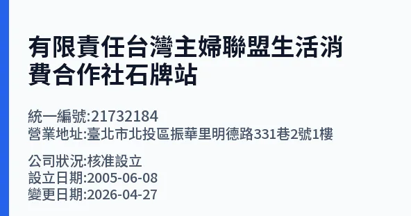 有限責任台灣主婦聯盟生活消費合作社石牌站的照片-統編 21732184(臺北市) 公司登記資料與營業項目詳細圖表