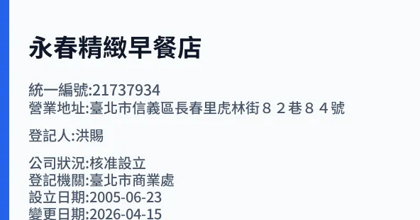 永春精緻早餐店的照片-統編 21737934(臺北市) 公司登記資料與營業項目詳細圖表