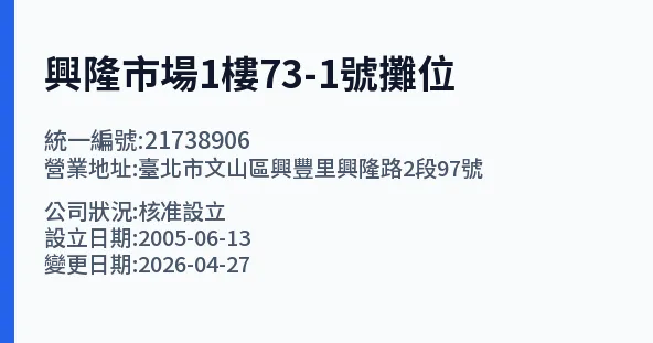 興隆市場1樓73-1號攤位的照片-統編 21738906(臺北市) 公司登記資料與營業項目詳細圖表