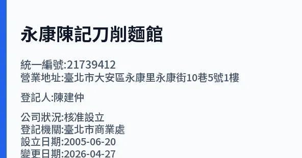 永康陳記刀削麵館的照片-統編 21739412(臺北市) 公司登記資料與營業項目詳細圖表