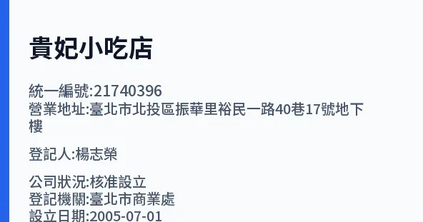 貴妃小吃店的照片-統編 21740396(臺北市) 公司登記資料與營業項目詳細圖表