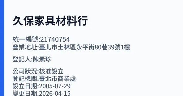 久保家具材料行的照片-統編 21740754(臺北市) 公司登記資料與營業項目詳細圖表