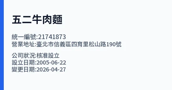 五二牛肉麵的照片-統編 21741873(臺北市) 公司登記資料與營業項目詳細圖表