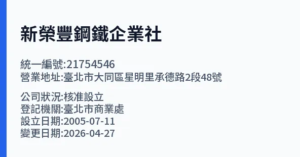 新榮豐鋼鐵企業社的照片-統編 21754546(臺北市) 公司登記資料與營業項目詳細圖表