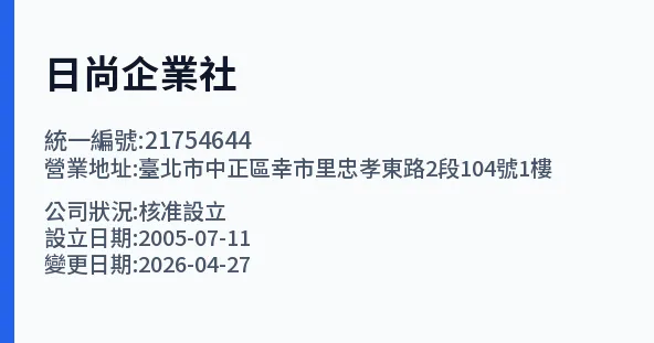 日尚企業社的照片-統編 21754644(臺北市) 公司登記資料與營業項目詳細圖表