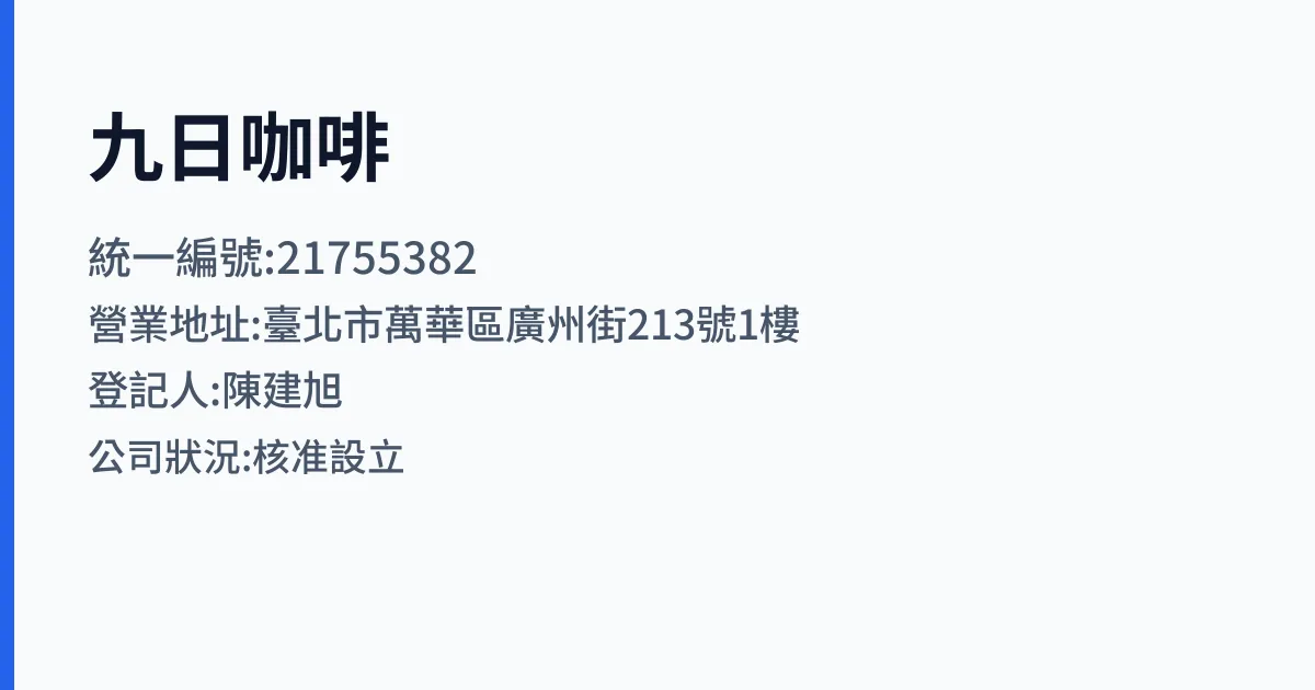 九日咖啡 - 統編 21755382(臺北市) 公司登記資料與營業項目詳細圖表